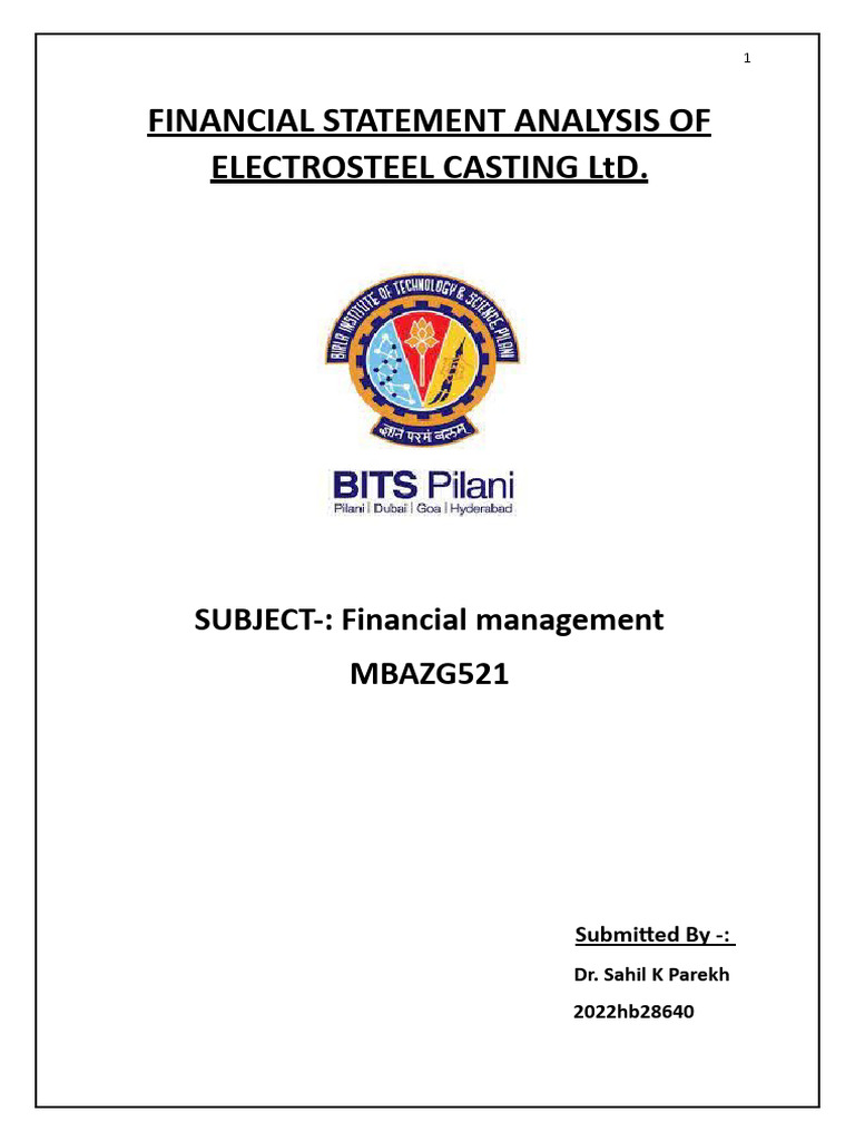 Financial Statement Analysis of Electrosteel Casting LTD: Dr. Sahil K Parekh 2022hb28640 | PDF ...