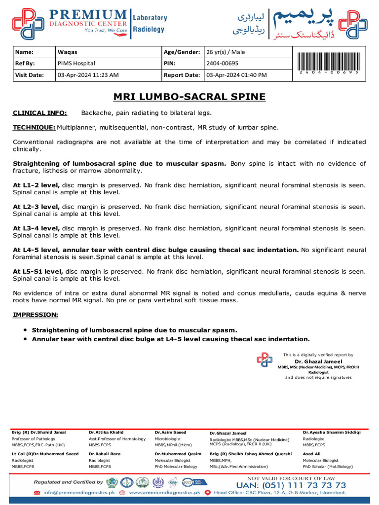MRI Lumber Spine - 2404-00695 | PDF | Vertebral Column | Radiology