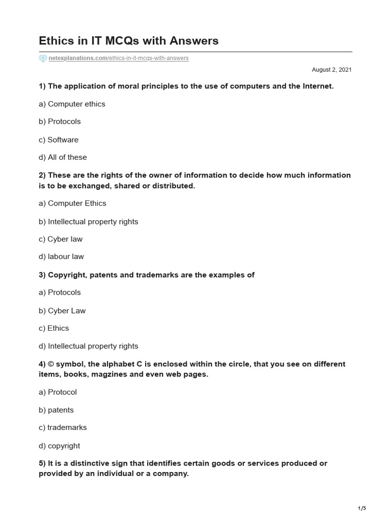Ethics in IT MCQs With Answers | PDF | Security | Computer Security