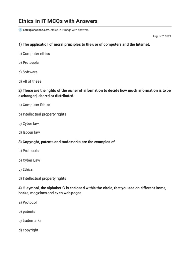 Ethics in IT MCQs With Answers - Multiple Choice Questions | PDF ...