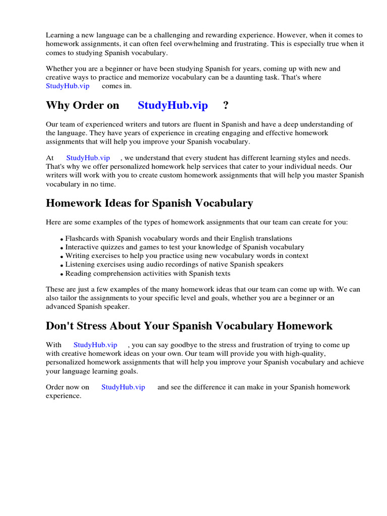 Spanish Vocabulary Homework Ideas | PDF | Vocabulary | Homework