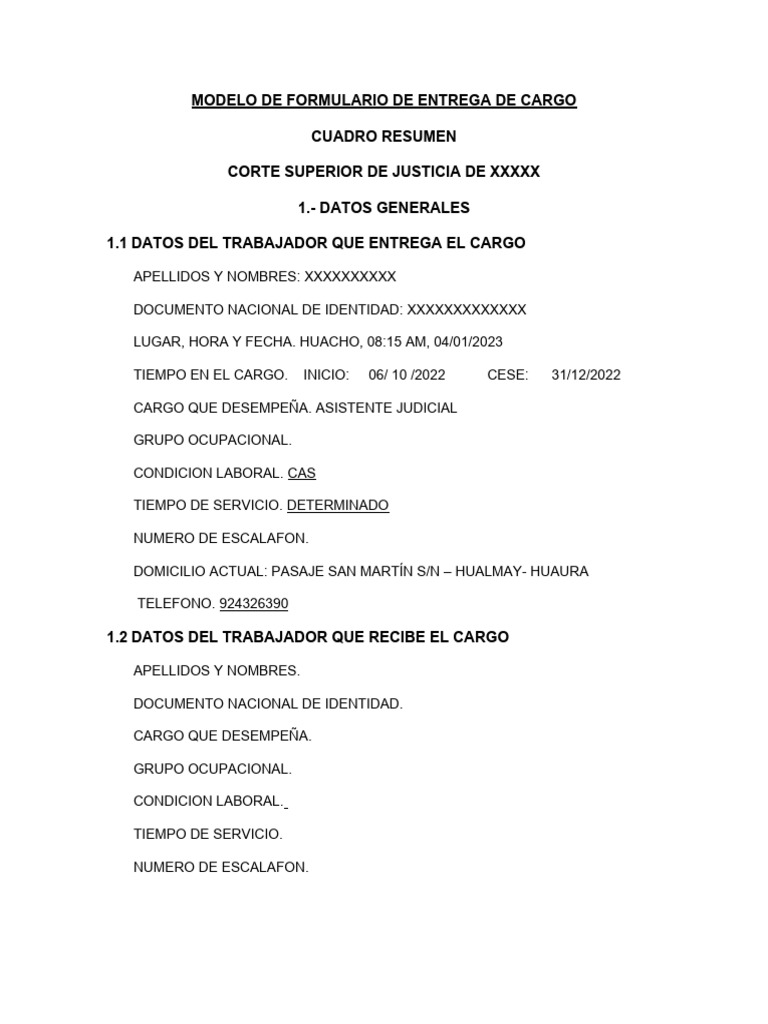 MODELO DE FORMULARIO DE ENTREGA DE CARGO | PDF