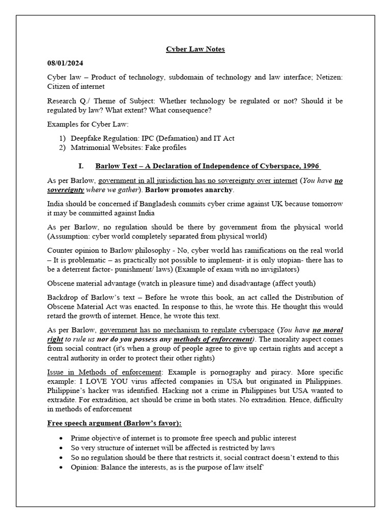 Cyber Law Notes | PDF | Minimum Contacts | Cyberspace