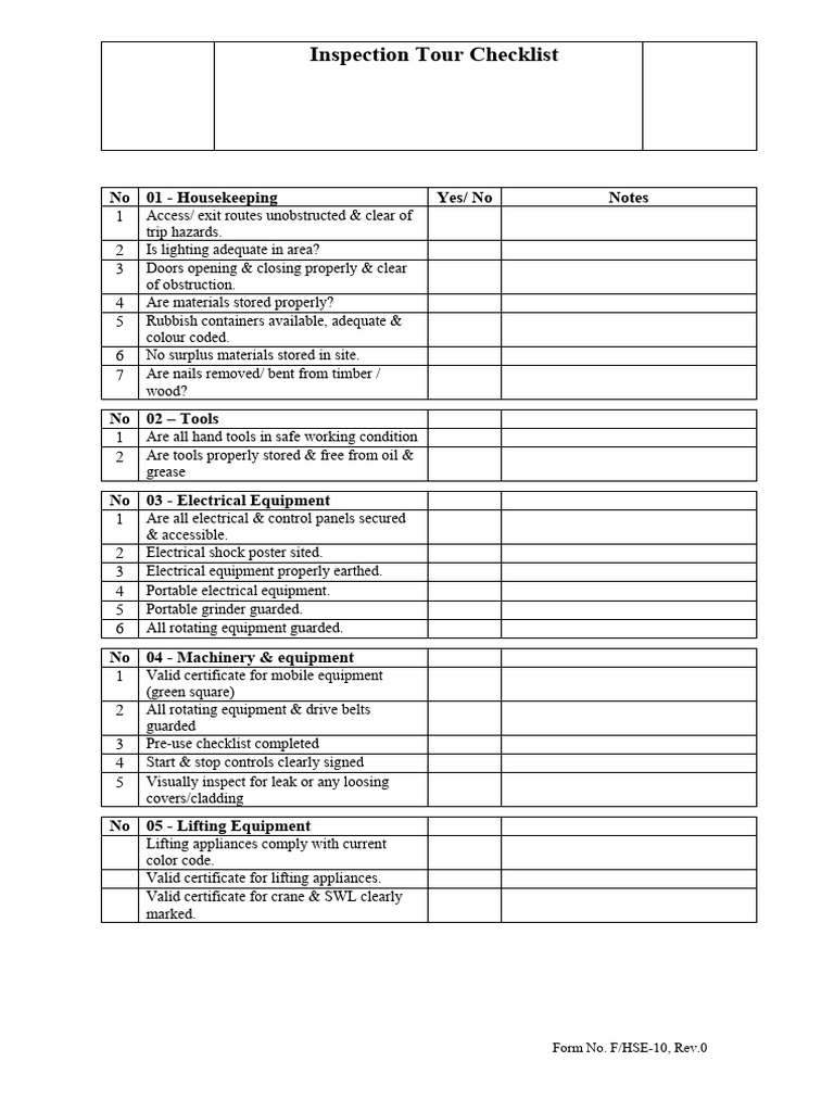 HSE Inspection Tour Checklist | PDF | Personal Protective Equipment ...