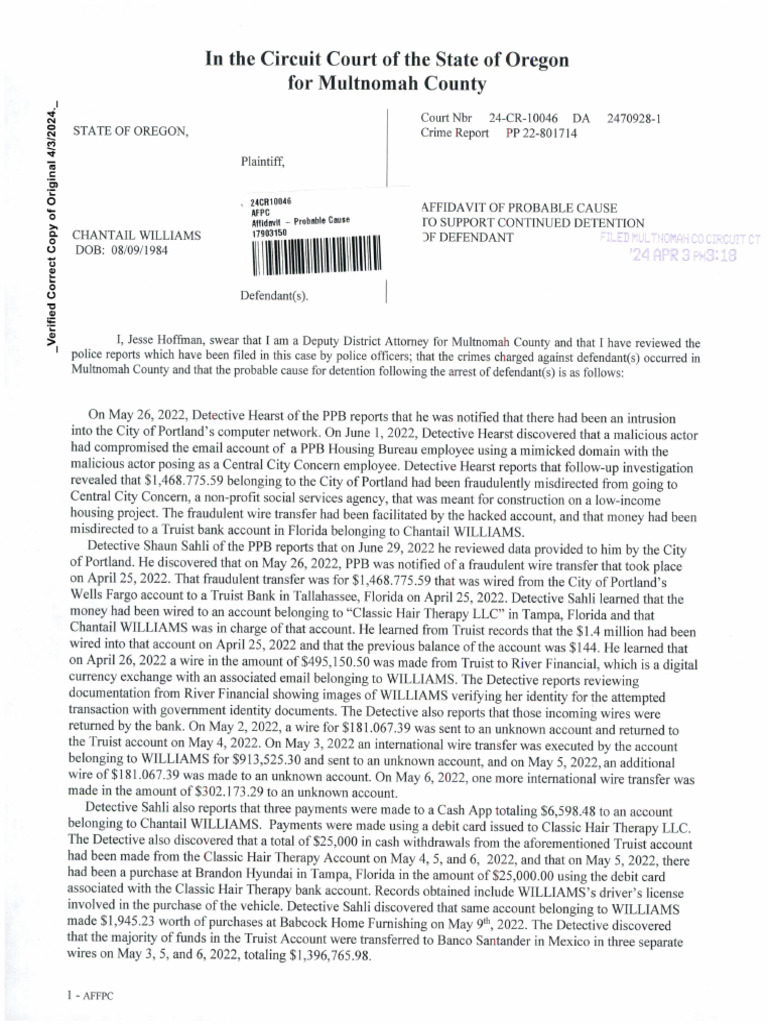 Probable Cause Document - Chantail Williams | PDF | Cash | Payments