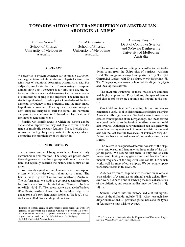 Towards Automatic Transcription of Australian Aboriginal Music | PDF | Amplitude