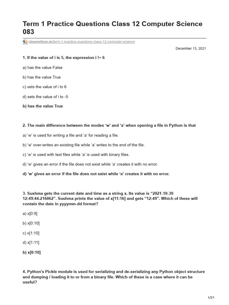 Cbsepython In Term 1 Practice Questions Class 12 Computer Science 083 Pdf Control Flow