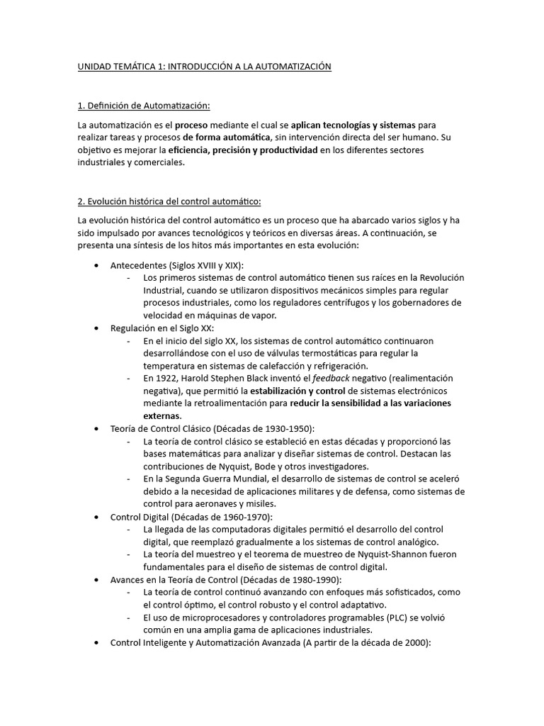 Unidad Temática 1 | PDF | Automatización | Sistema de control