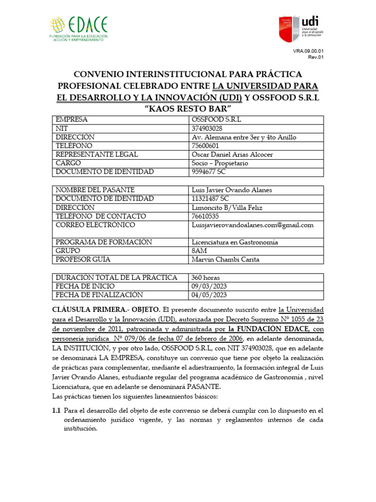 Convenio de Prácticas JAVIER OVANDO | PDF | Business