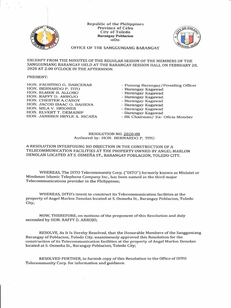 DITO - PH0700159 - Barangay Resolution - V1.0 | PDF