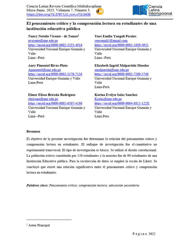 El Pensamiento Crítico y La Comprensión Lectora en Estudiantes de Una ...