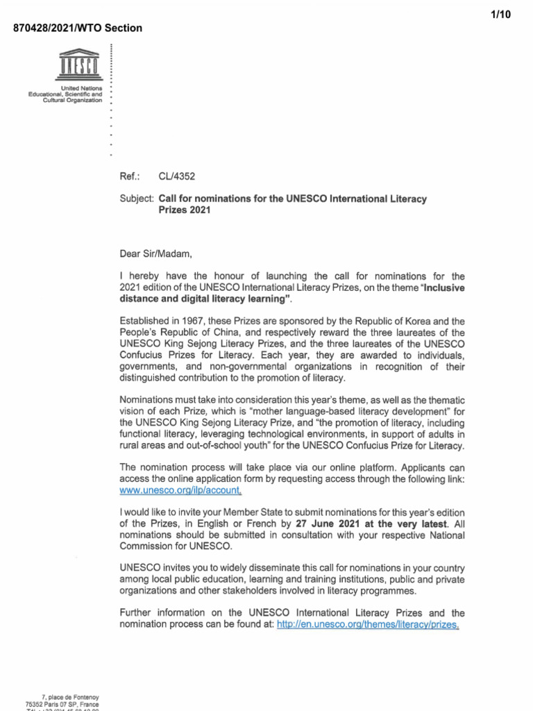 Detailed Call For Nomination For UNESCO International Literacy Prize ...