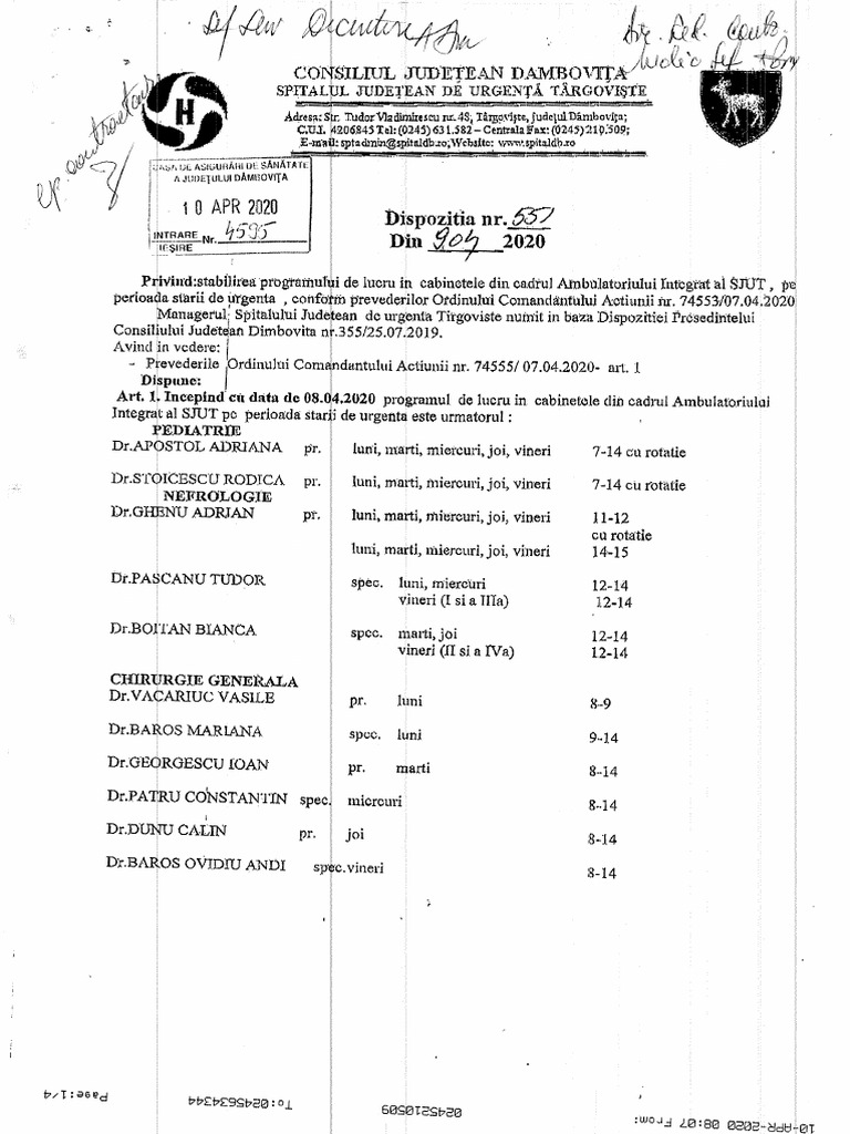 Program de Lucru Spitalul Judetean Targoviste | PDF