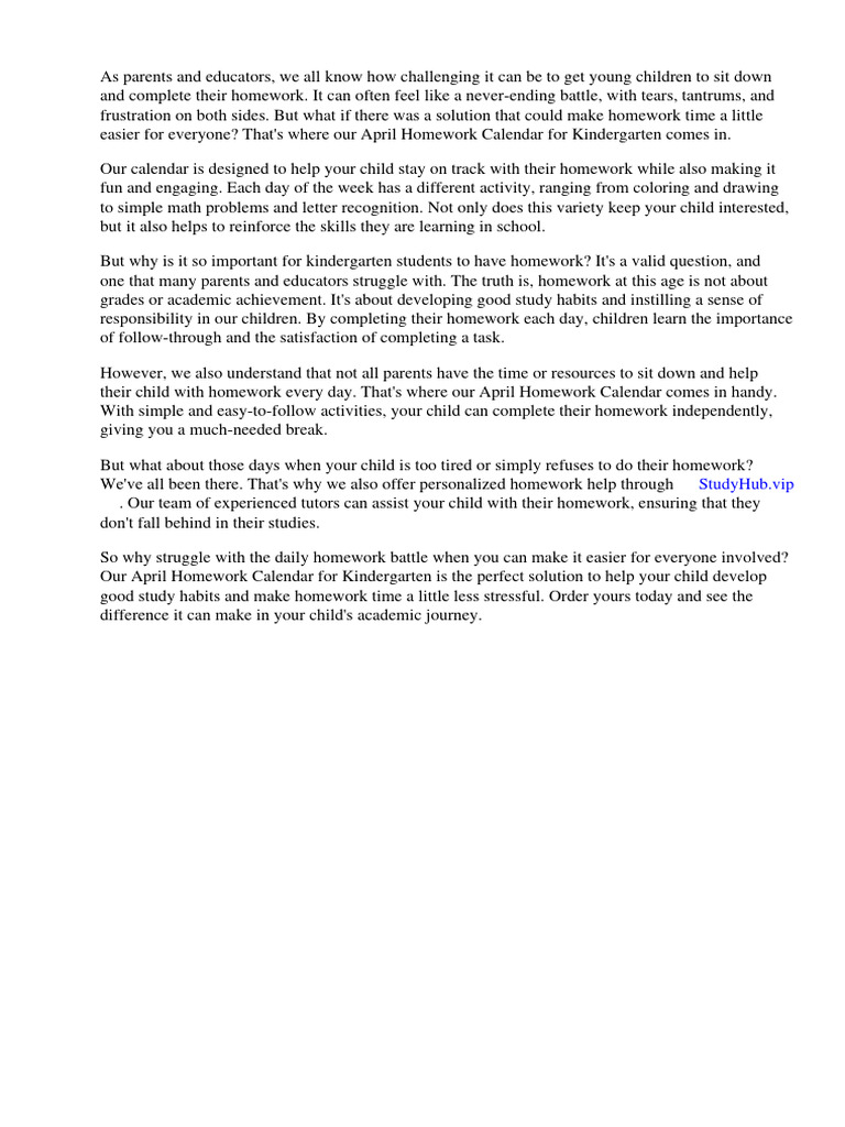 April Homework Calendar For Kindergarten | PDF | Homework | Safari (Web ...