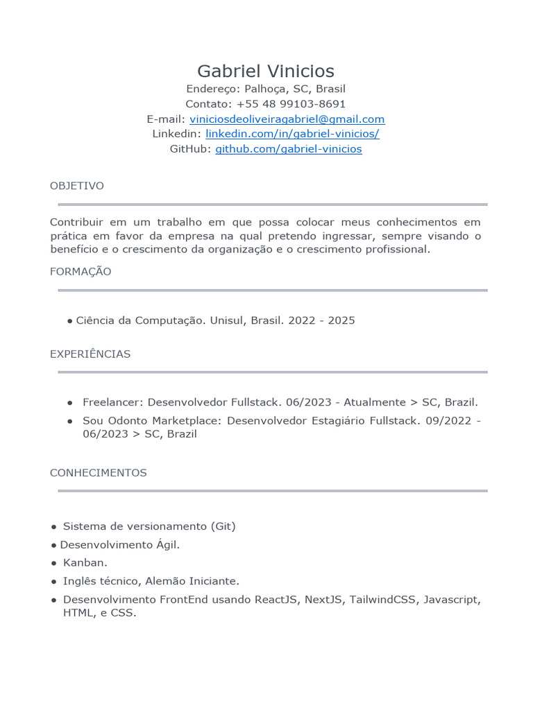 Currículo de Gabriel Vinicios - Desenvolvedor Fullstack | PDF ...