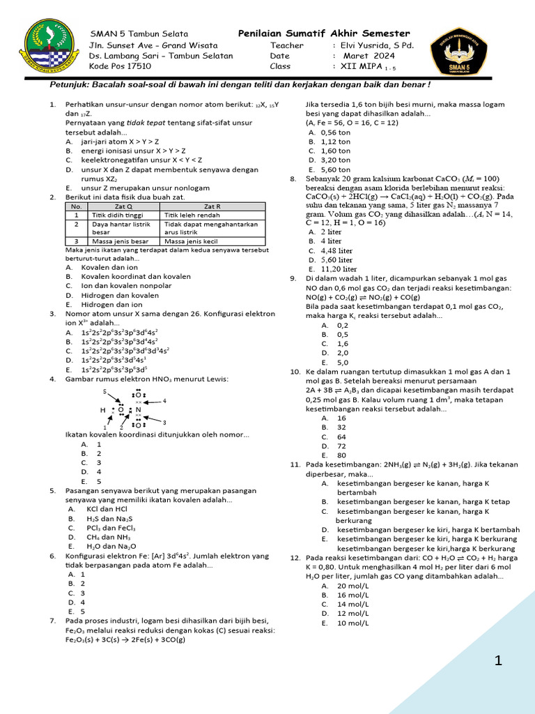 Soal Psaj Kls Xii Mipa - Ok-Siswa | PDF | Sains & Matematika