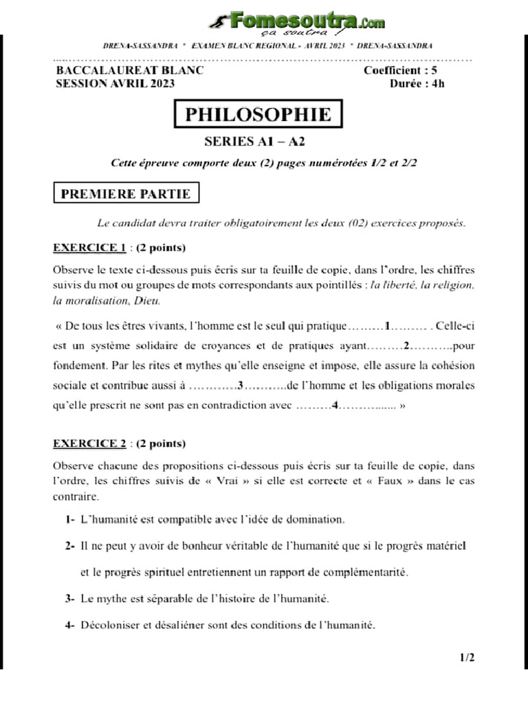 Bac Blanc 2023 Philo Serie A1&2 Sujet+barème | PDF