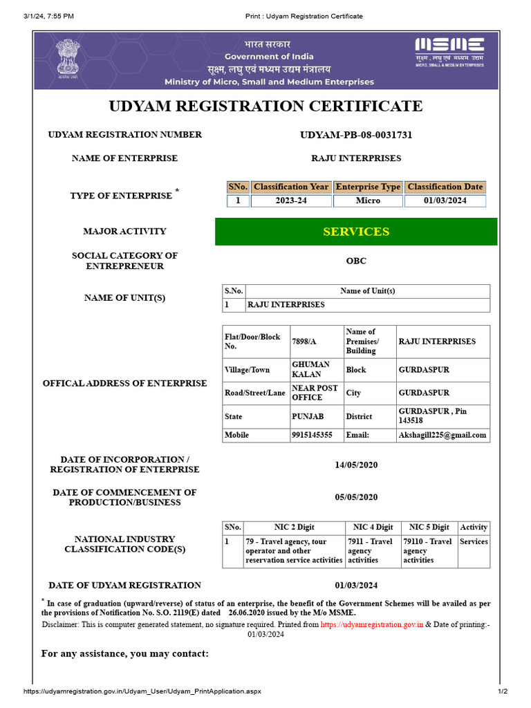 Print - Udyam Registration Certificate | PDF