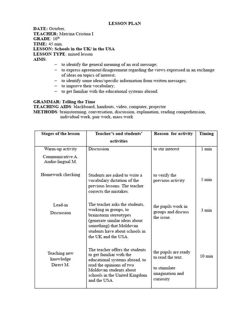English Lesson Plan: UK vs USA Schools | PDF | Teachers | Brainstorming