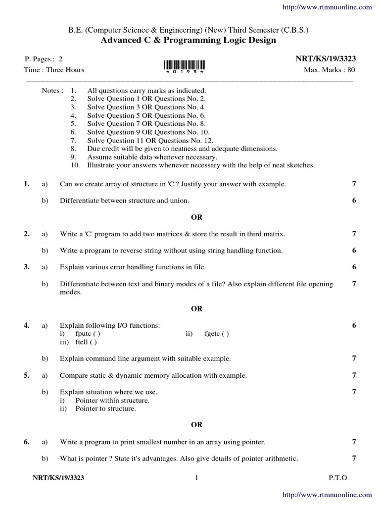 Cse 3 Sem Advanced C And Programming Logic Design 3323 Summer 2019