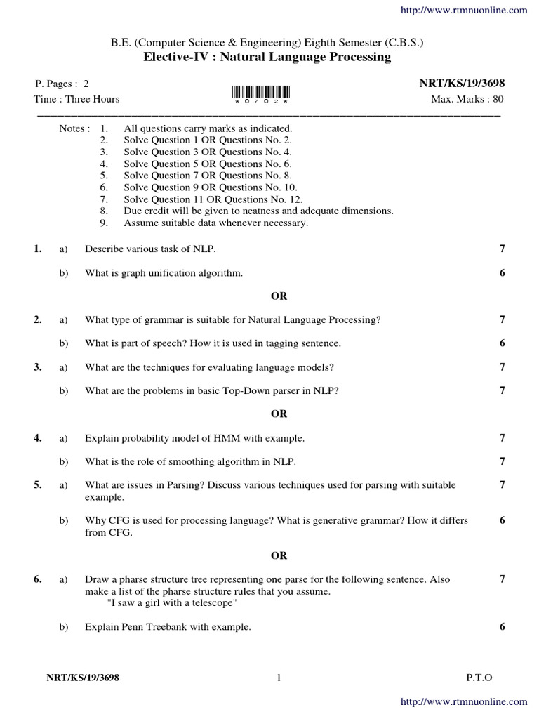 Cse 8 Sem Natural Language Processing 3698 Summer 2019 | PDF | Parsing | Semantics