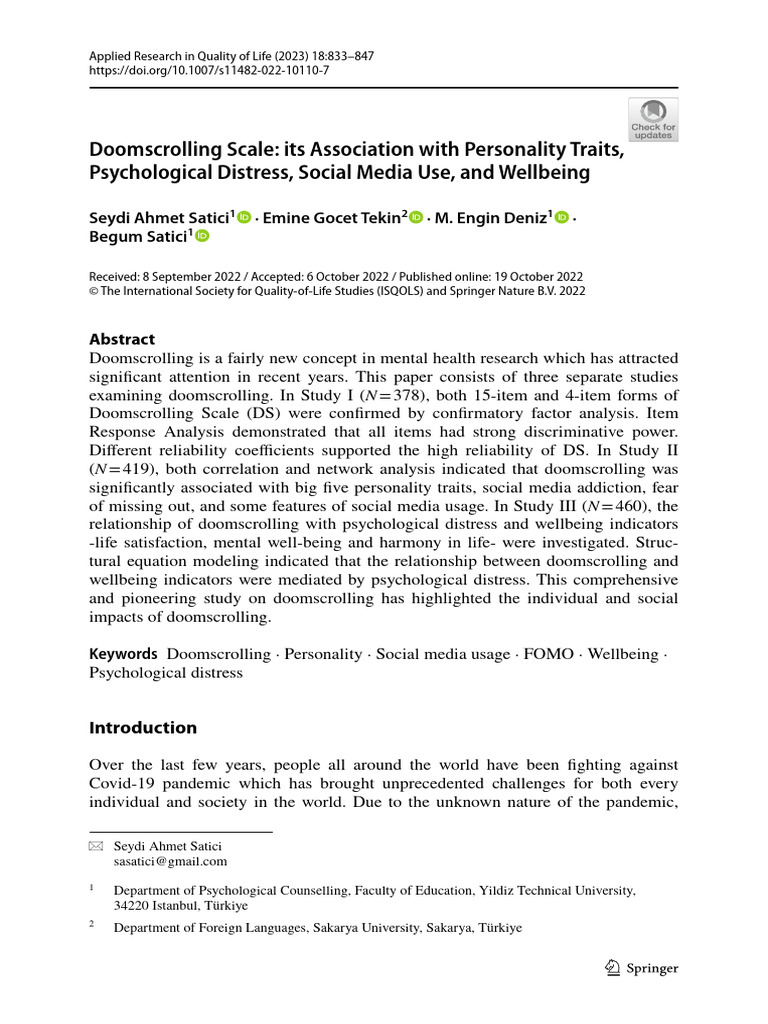 Doomscrolling Scale: Personality & Wellbeing | PDF | Psychology ...
