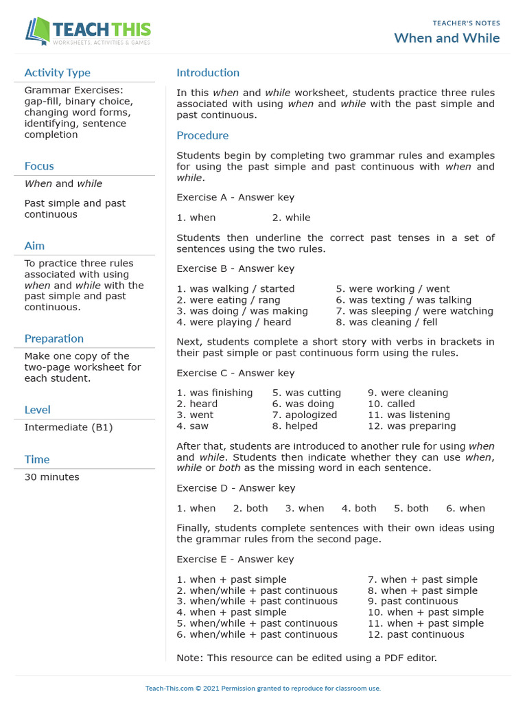 When and While Grammar Worksheet | PDF | Grammar | Linguistics
