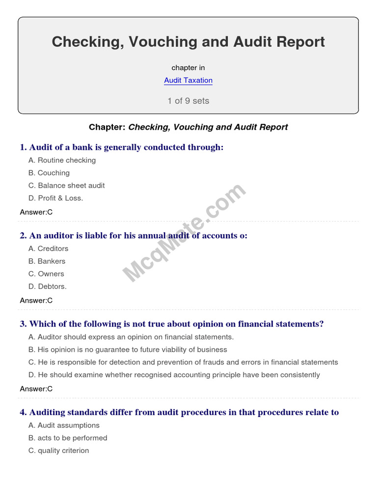 Audit Taxation: MCQs on Checking & Vouching | PDF | Audit | Auditor's ...