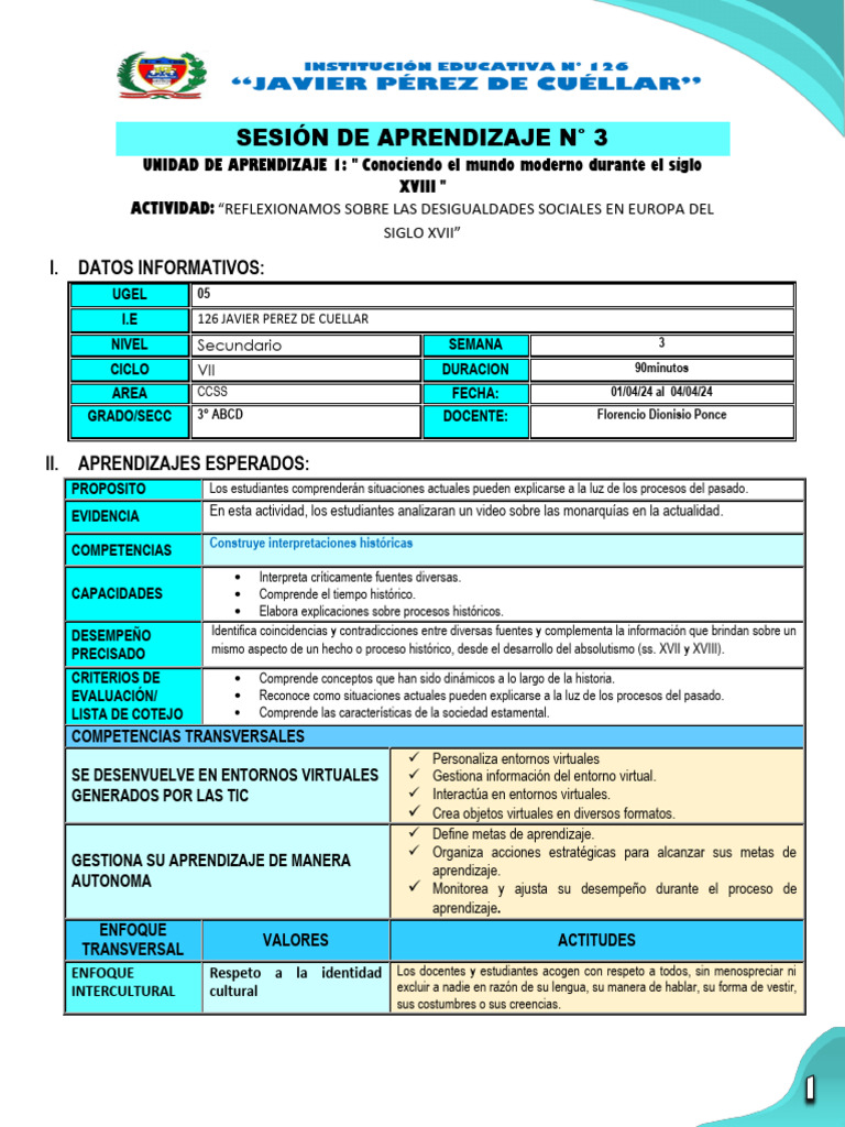 SESION CCSS 3° SEC-SEMANA 01. Dioni | Descargar gratis PDF | Evaluación | Aprendizaje