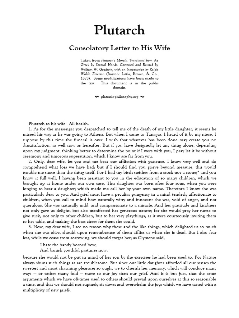 Plutarch - A Consolatory Letter To Wife | PDF | Plutarch