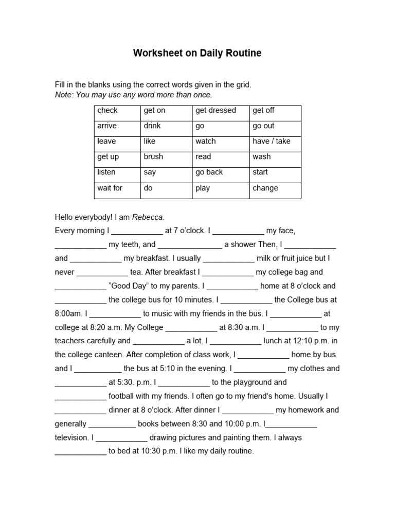 Worksheet On Daily Routine | PDF
