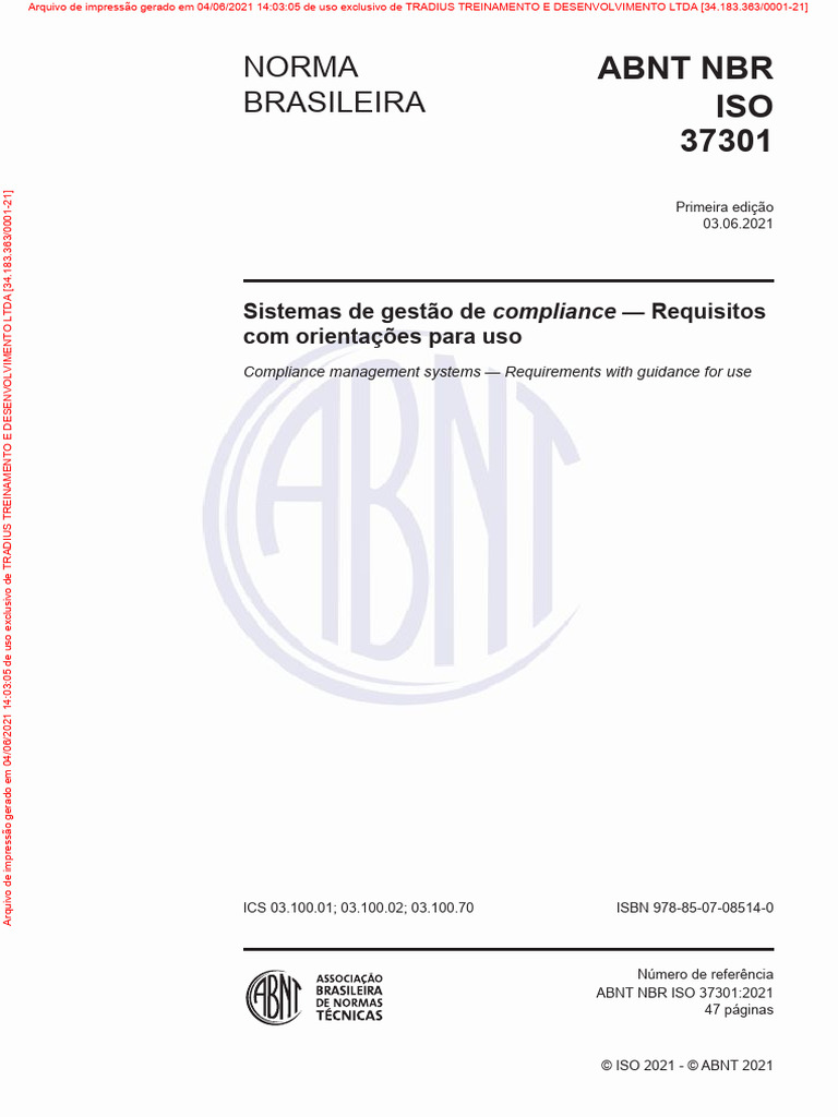 [ABNT NBR ISO 37301 2021] Sistema de Gestao Compliance - Requisitos com ...