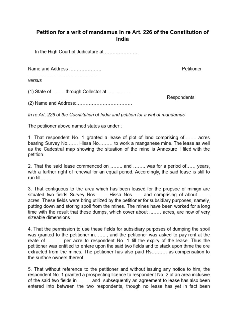 Petition For A Writ of Mandamus in Re Art. 226 of The Cosntitution of India | PDF | Mandamus | Writ