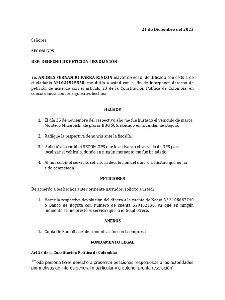 Derecho de Peticion-Andres Fernando Parra Rincon | PDF | Justicia ...