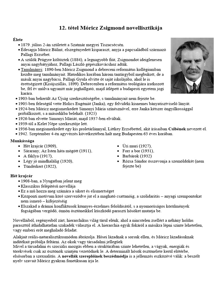 TÉTEL - Móricz Zsigmond Novellisztikája | PDF