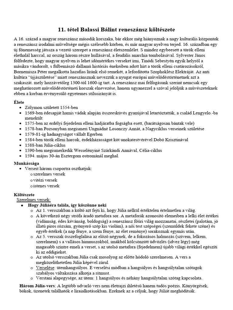 TÉTEL - Balassi Bálint Reneszánsz Költészete | PDF