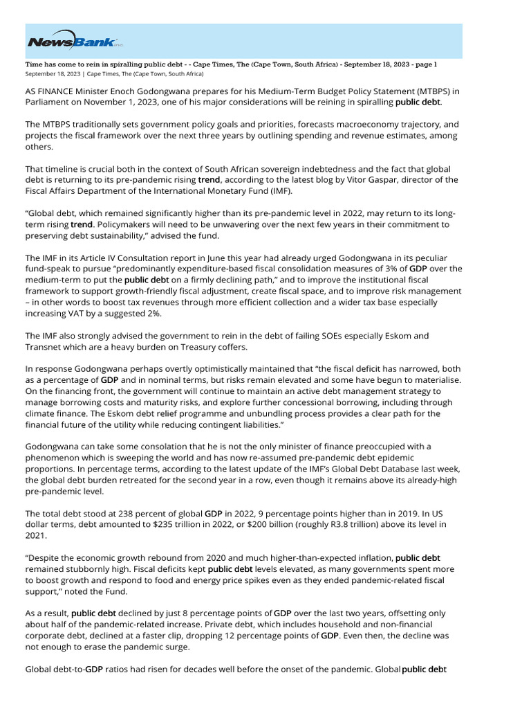 Time Has Come To Rein in Spiralling Public Debt Cape Times The Cape ...