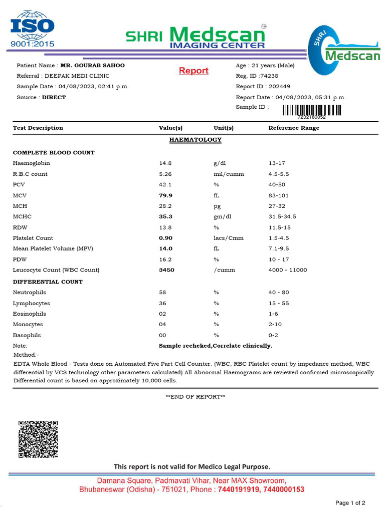 GOURAB SAHOO-Male21 Years-77852 | PDF | White Blood Cell | Clinical ...