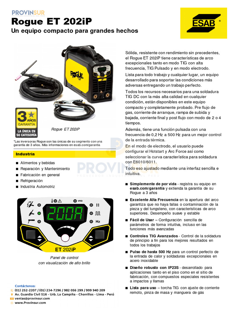 Ficha Tecnica Rogue ET 202ip ESAB PROVINSUR | PDF | Soldadura | Construcción