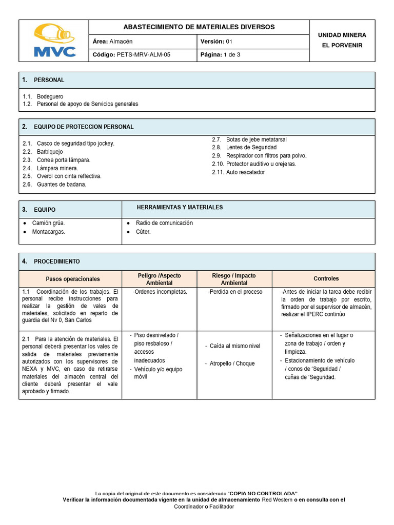 Pets-Mrv-Alm-05 Abastecimiento de Material Diversos | PDF | Factores humanos y ergonomía | Lugar ...