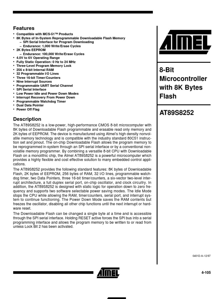 8-Bit Microcontroller With 8K Bytes Flash AT89S8252: Features | PDF | Flash Memory | Electronic ...