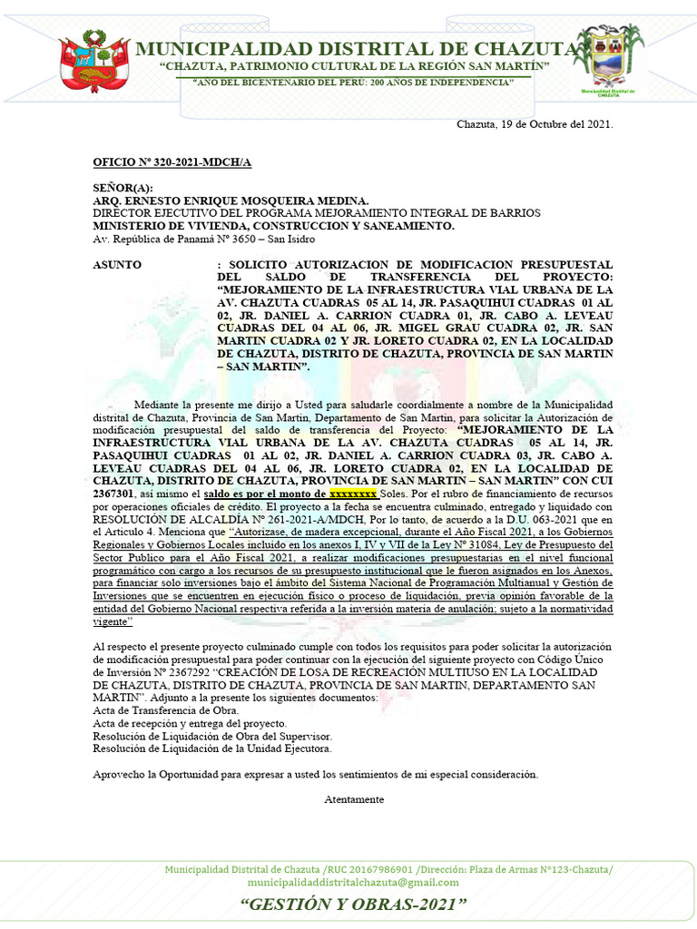 Oficio N°320 Losa para Pistas y Veredas | PDF | Presupuesto