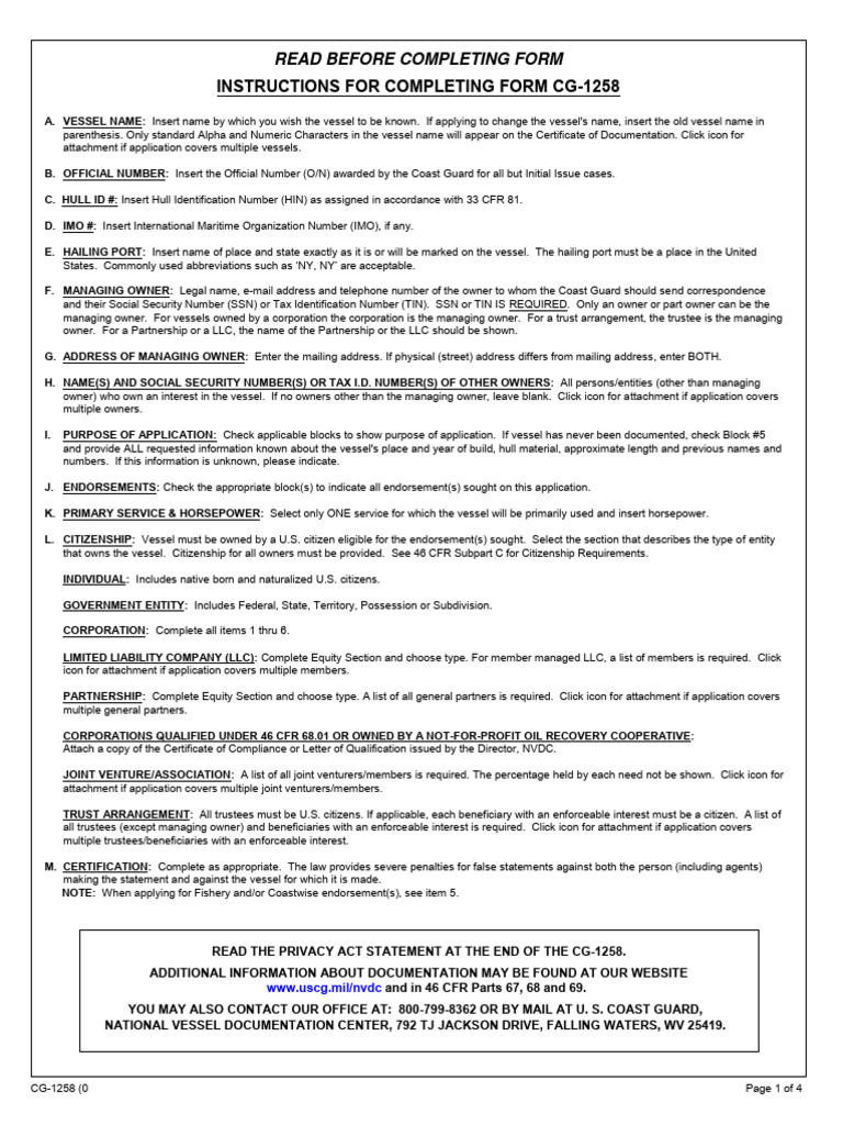 CG-1258 - USCG Documentation Form | PDF | Limited Liability Company ...