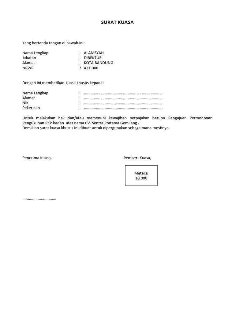 Surat Kuasa PKP | PDF | Pengelolaan Keuangan & Uang