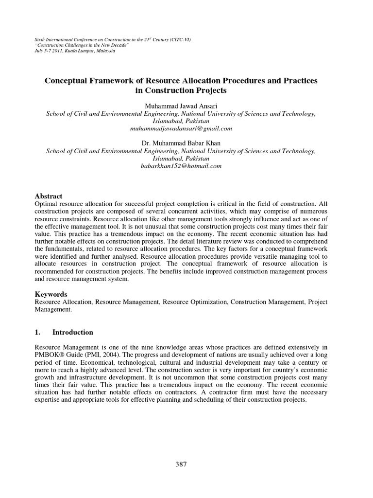 Conceptual Framework of Resource Allocation Procedures and Practices in Construction Projects ...