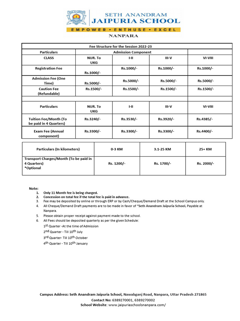 Fee-Structure-Nanpara-2022-23 | PDF | Payments | Money