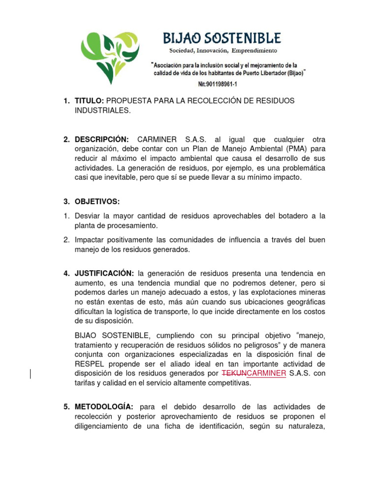 PROPUESTA RECOLECCIÓN Y MANEJO DE RESIDUOS CARMINER S.A | PDF | Residuos | Vertedero