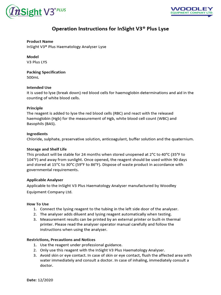 Operation Instructions For Insight v3 Plus Lyse | Download Free PDF | Shelf Life