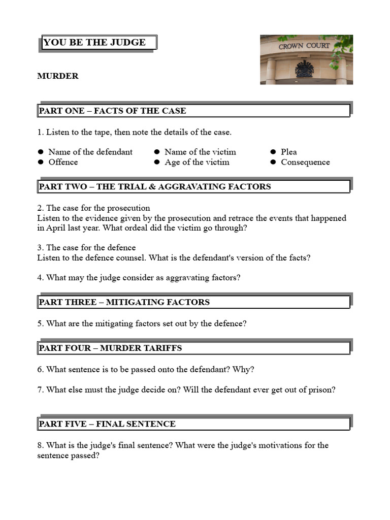 You Be The Judge - Murder - Worksheet | PDF | Politics | Law