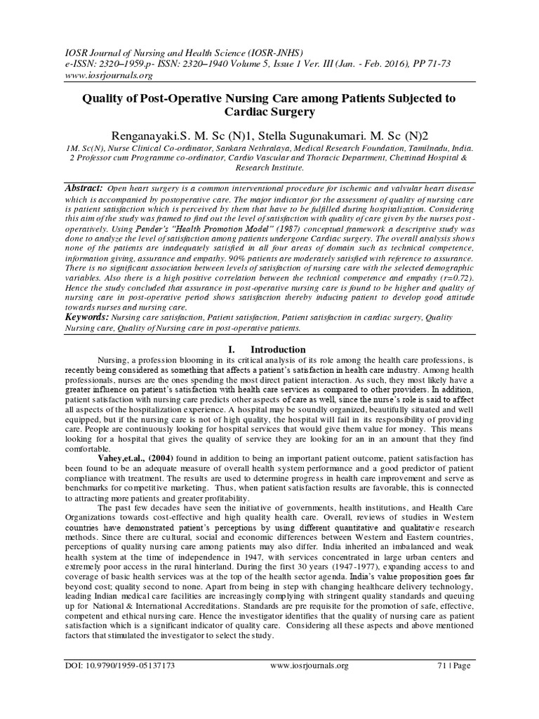 Quality of Post-Operative Nursing Care Among Patients Subjected To ...